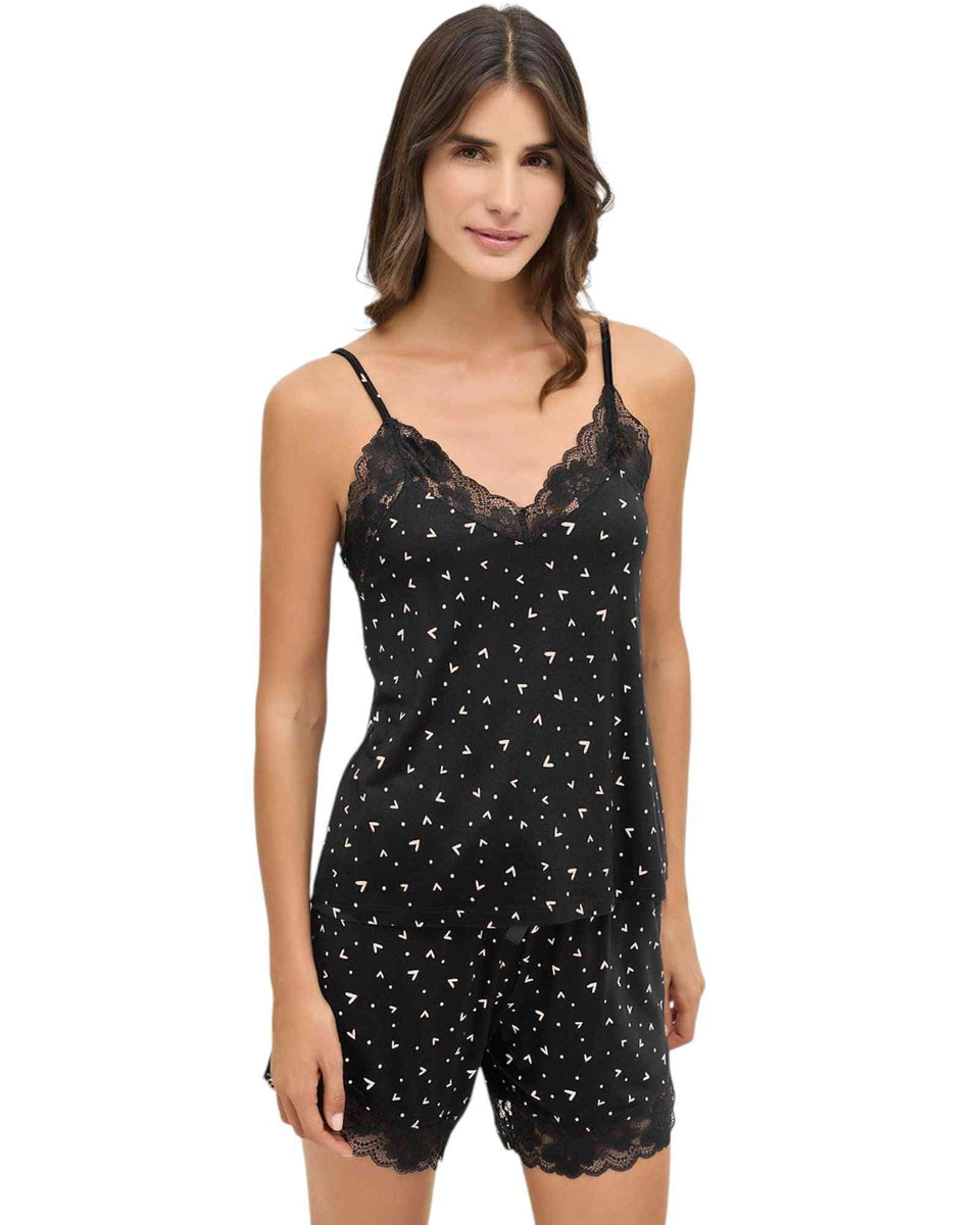Shop Ellina 2025Women’s Black Printed Cami & Lace Shorts Pajama Set Online – Ellina Lingerie